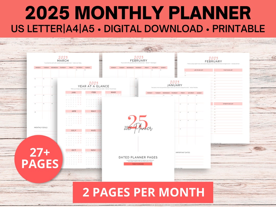 2025 Monthly Calendar Printable, Dated Month 2 Pages per Month, 2025 Office Calendar, Month at a ...