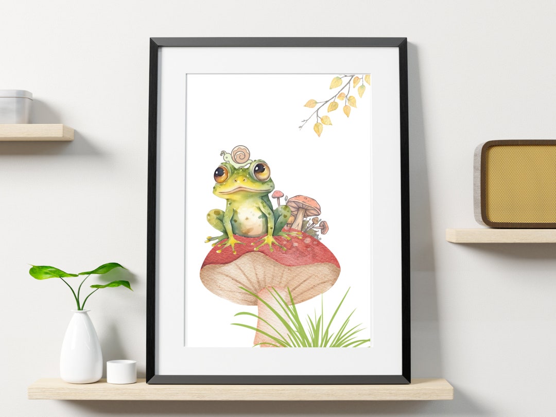 Frog on Mushroom Watercolor Print, Whimsical Wall Decor (digital ...