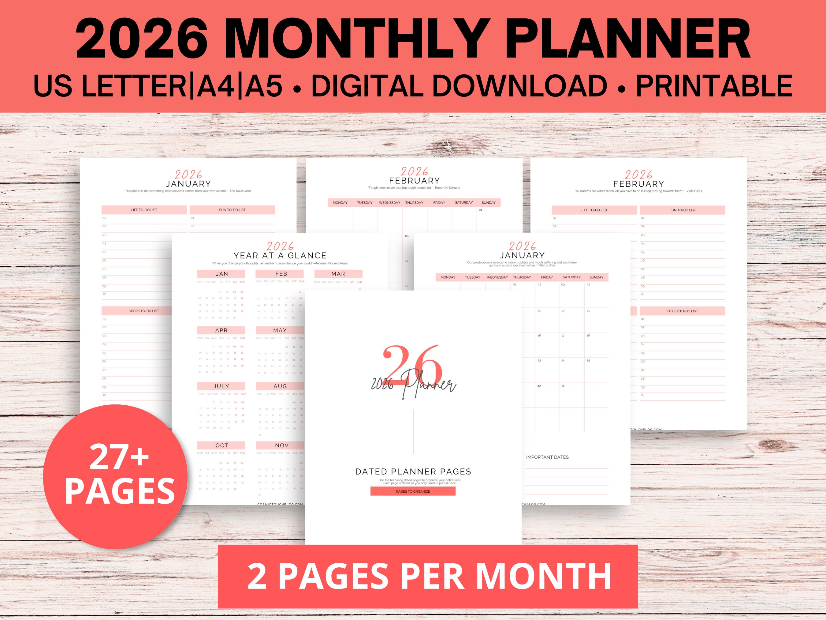 2026 Monthly Calendar Printable, Dated Month 2 Pages per Month, 2026 ...