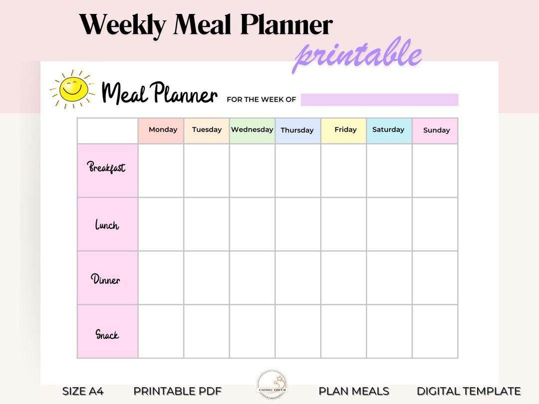 Colourful Weekly Meal Planner Printable | Shopping, Grocery, Food List ...