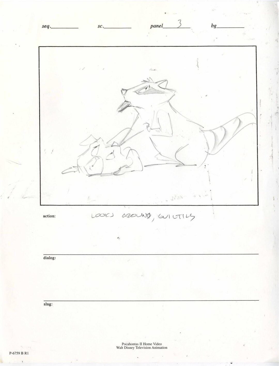 Original Storyboard Drawing of Meeko and Percy From Pocahontas II ...