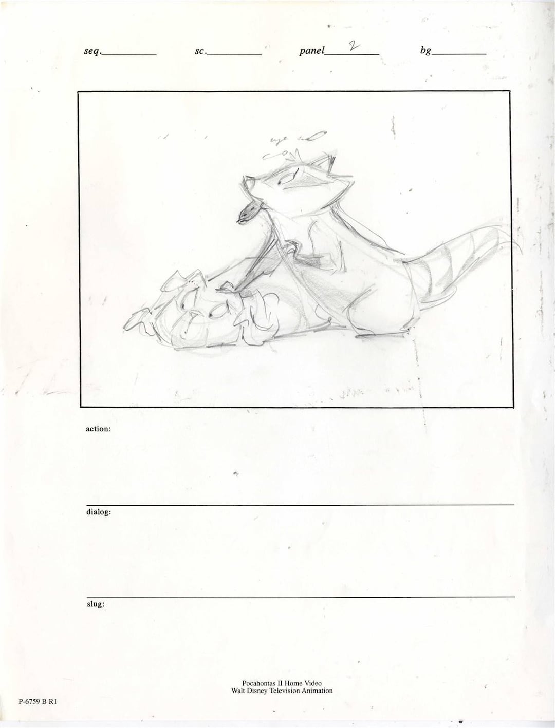 Original Storyboard Drawing of Meeko and Percy From Pocahontas II ...