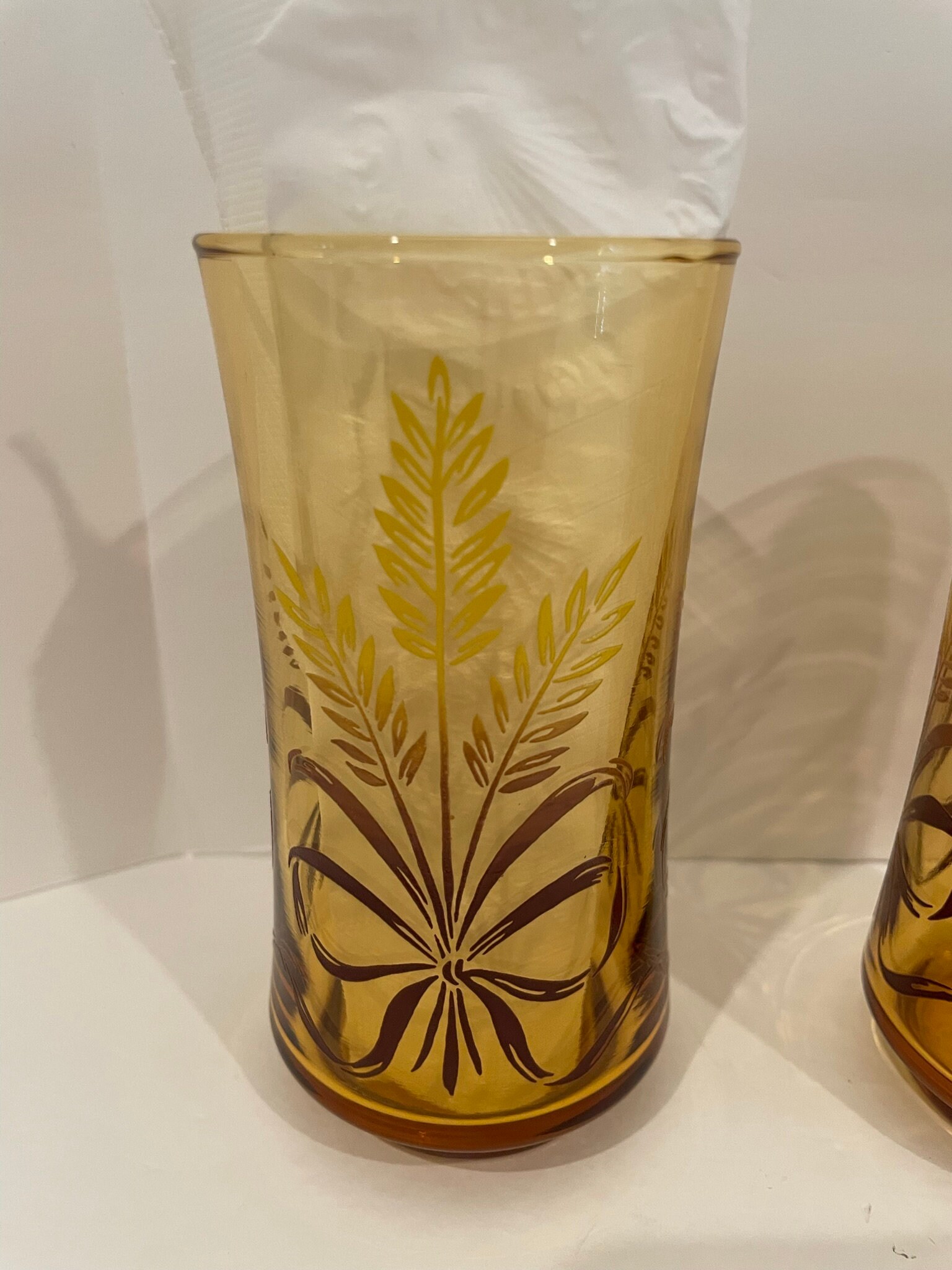 Vintage Mcm Libbey Amber Wheat And Ribbon Bow Gold Tumbler Glasses Set 3 525 H Etsy
