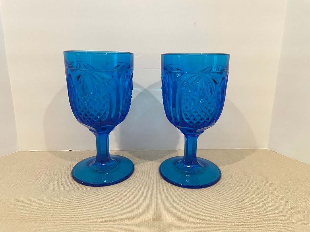 Vintage Blue Glass Goblets Diamond Teardrop Pattern - Etsy