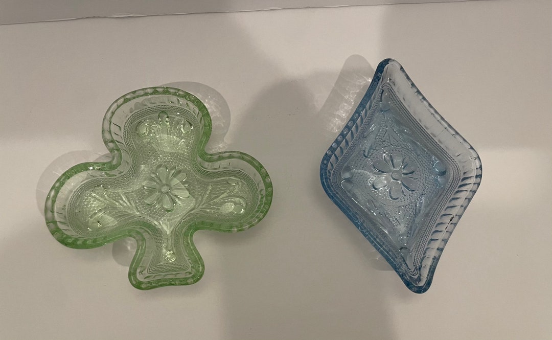 Vintage Glass Club & Diamond Blue and Green Trinket Dishes - Etsy