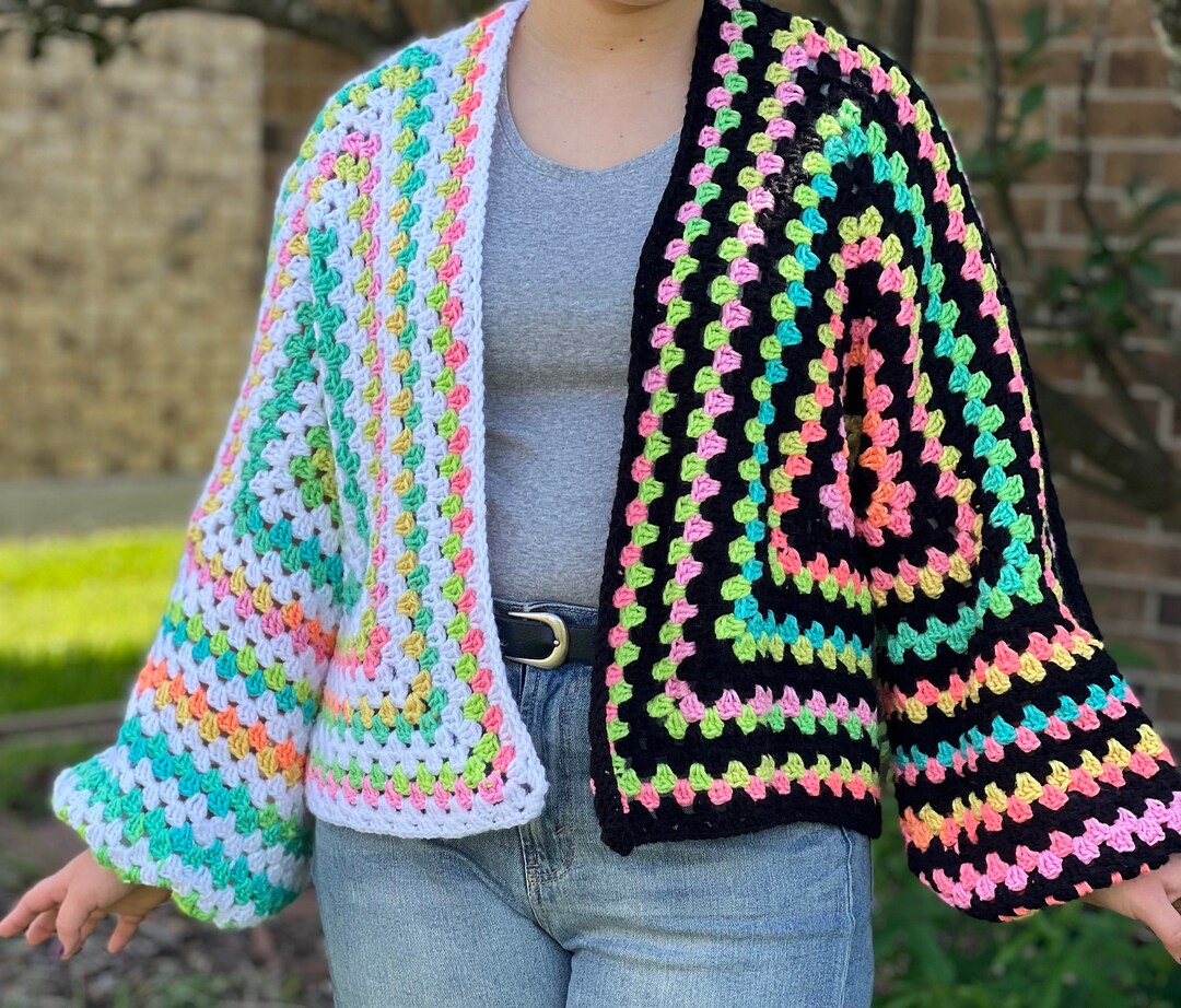 Hexagon Cardigan Rainbow Half & Half Pastel Neon Granny Square Coat ...