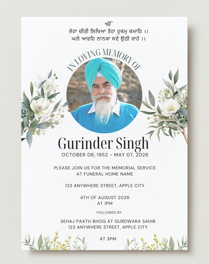 Punjabi Sikh Funeral Invitation: Antim Ardas Bhog Card (canva Template) - Etsy Australia