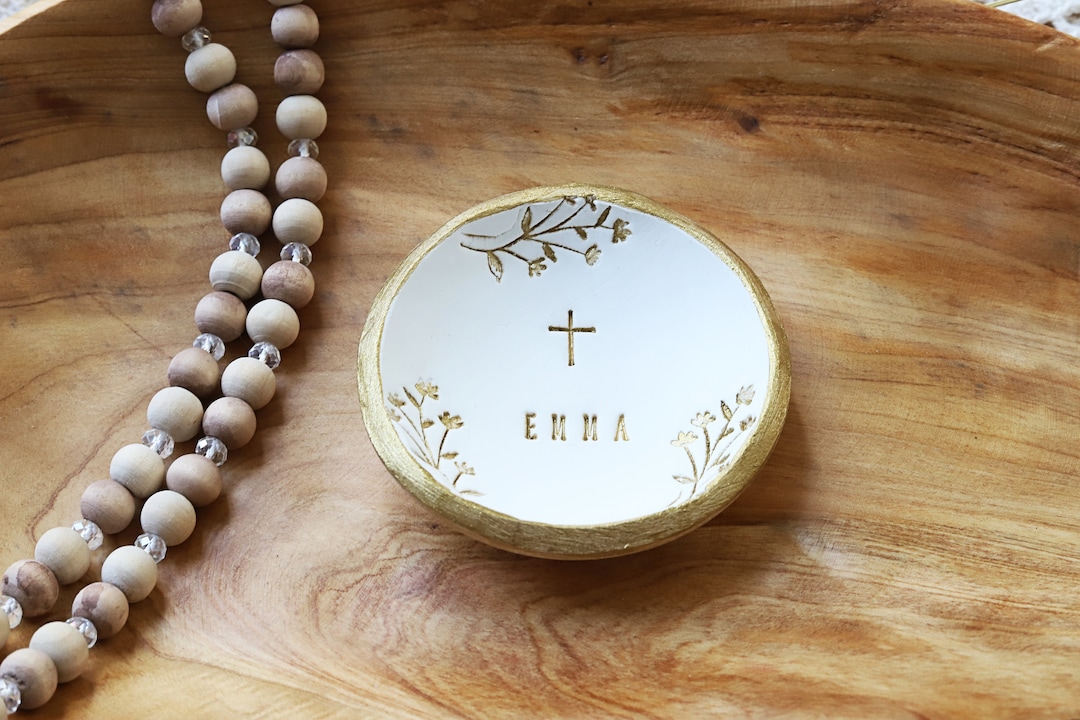 First Communion Gift, Cross Jewelry Dish, Floral Ring Dish With Cross ...