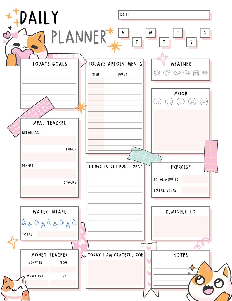 2024 Cute Kawaii Digital Printable Daily Planner Instant Download Daily ...