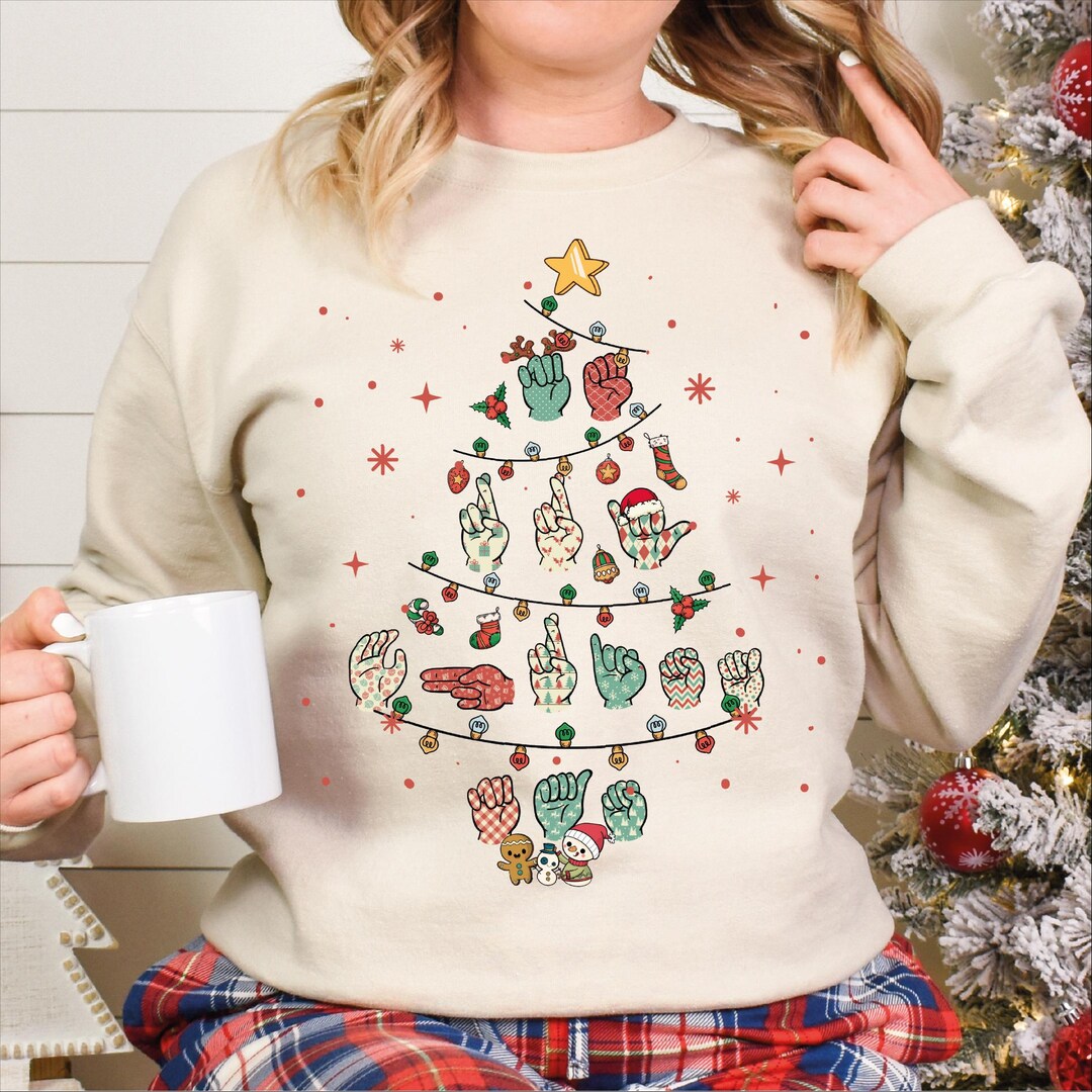 Sign Language Christmas Tree Sweatshirt, Xmas ASL Sweater, Merry ...