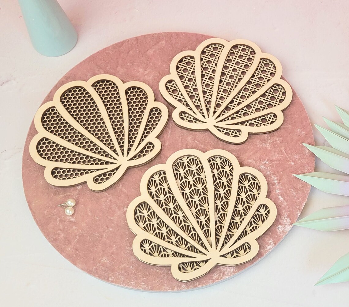 Boho Seashell Wooden Decor | Faux Rattan, Art Deco Tile, Honeycomb Mesh ...