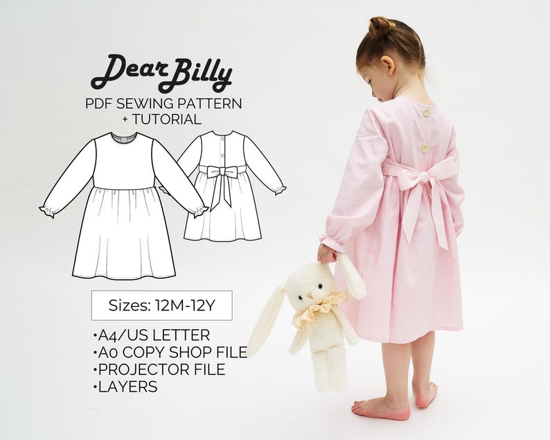Girls Long Sleeve Back Bow Dress PDF Sewing Patterns Instant Download ...