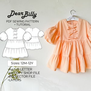 Girls Tiered Dress With Puff Sleeve and Bows PDF Sewing Pattern 12M-12Y ...