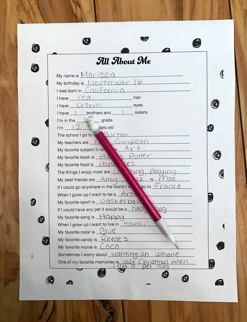 All About Me Questions - Etsy