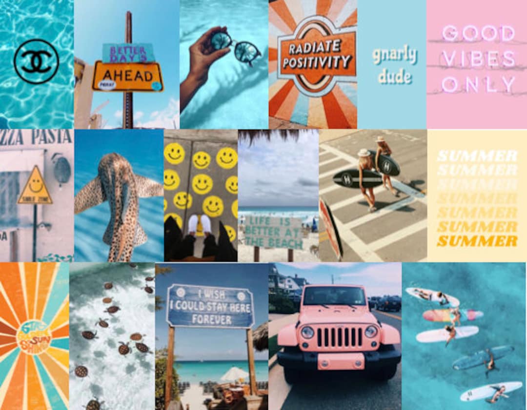 BEACH, CUTE, BLUE, Pink Collage Aesthetic. Trendy, Vogue, Vsco, Set of ...