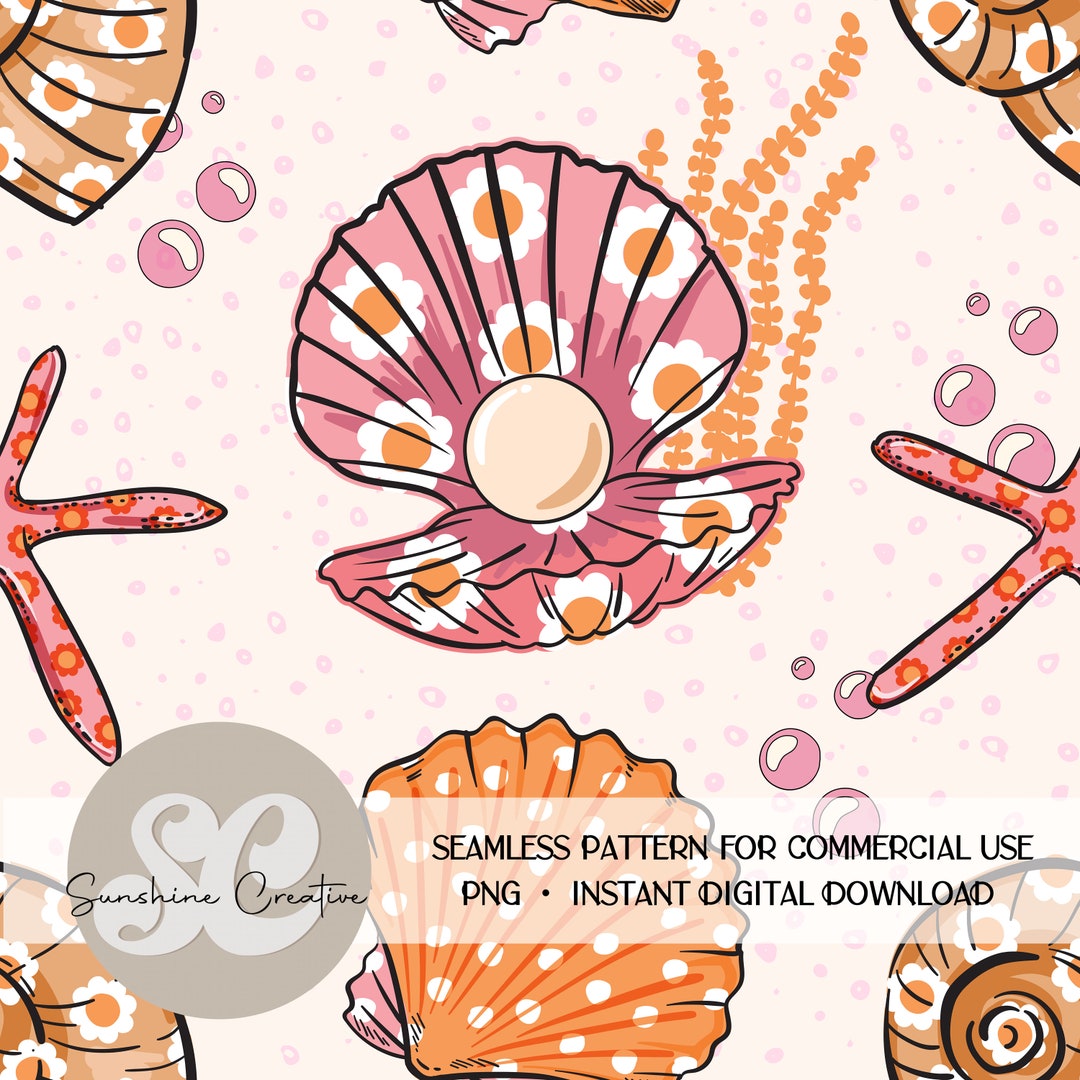 Retro Seashell Seamless Pattern, Groovy Floral Seashells Png, Girl ...