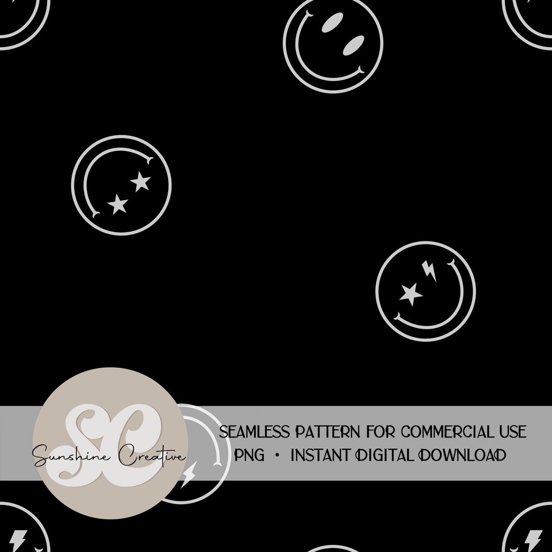 Lightning Bolt Smiley Faces Seamless PNG, Black and White Repeat ...