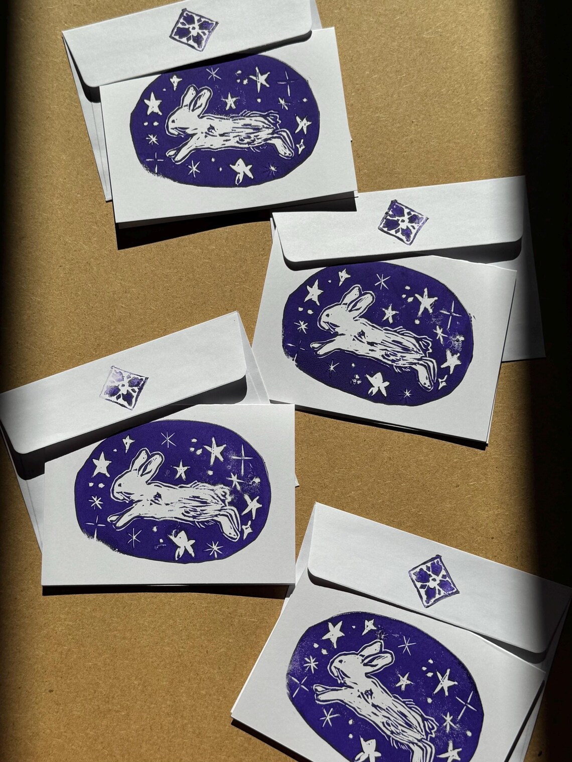 Celestial Rabbit Linocut Greeting Card - Handmade Print Card (set of 4 ...