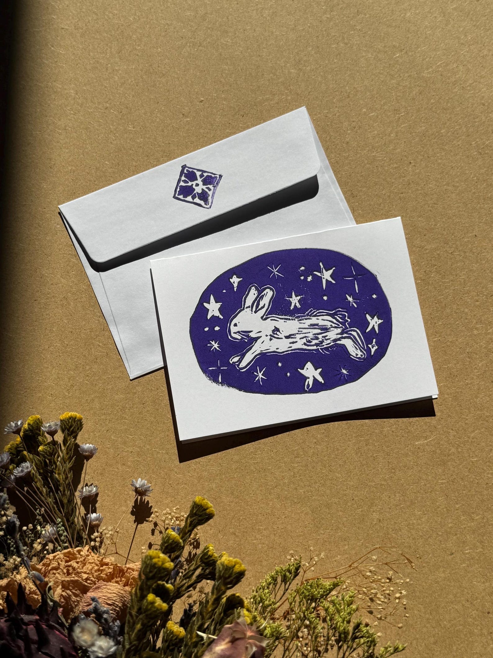 Celestial Rabbit Linocut Greeting Card - Handmade Print Card (set of 4 ...