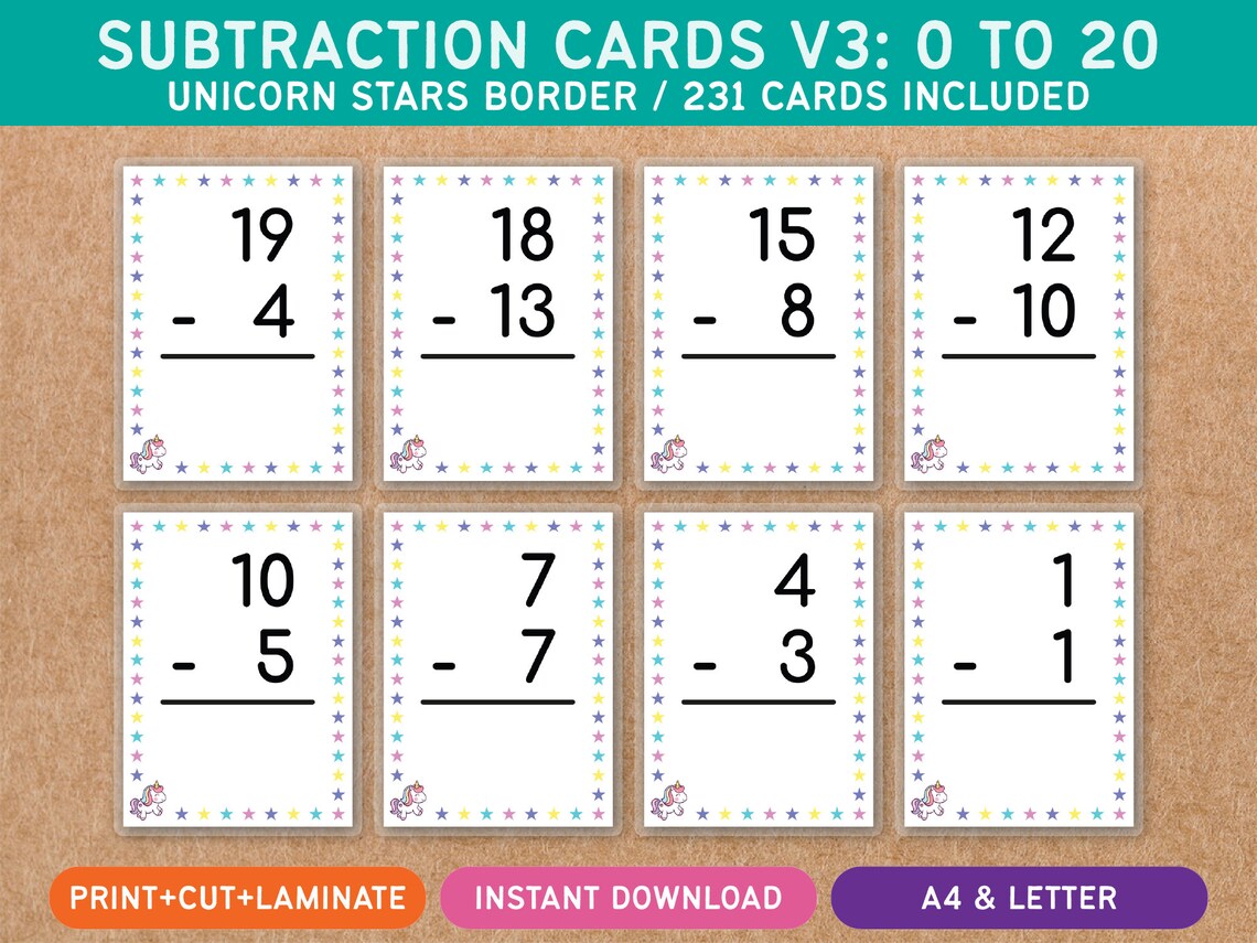 Subtraction Cards V3 - Numbers 0 to 20 - Unicorn Stars - Printable ...
