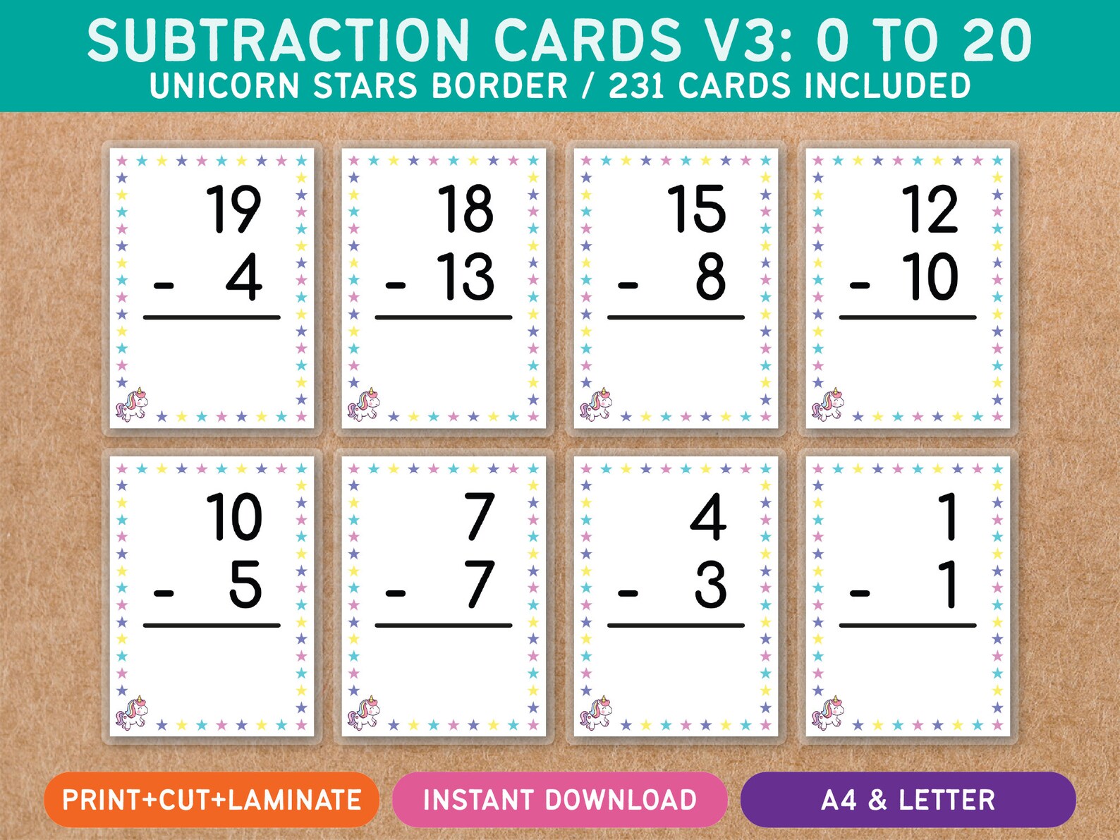 Subtraction Cards V3 - Numbers 0 to 20 - Unicorn Stars - Printable ...