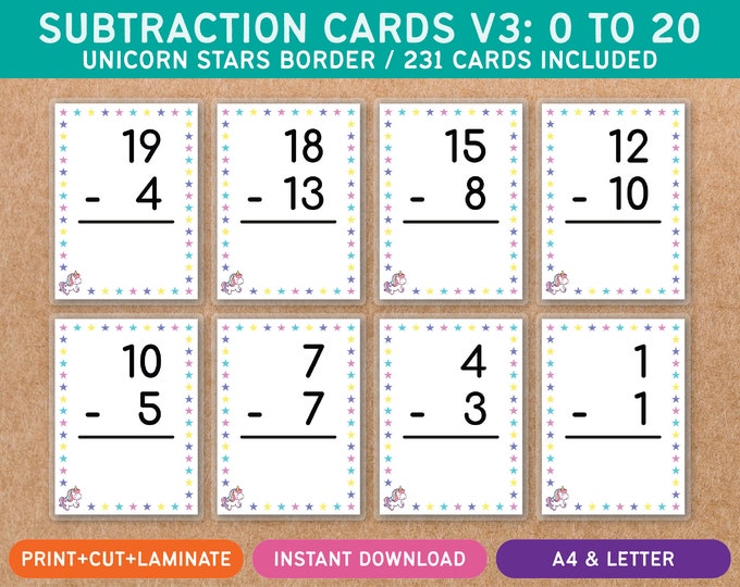 Subtraction Cards V3 - Numbers 0 to 20 - Unicorn Stars - Printable ...