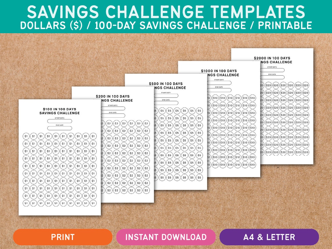 100-day Savings Challenge Templates - Dollars - Printable - Money Coins ...
