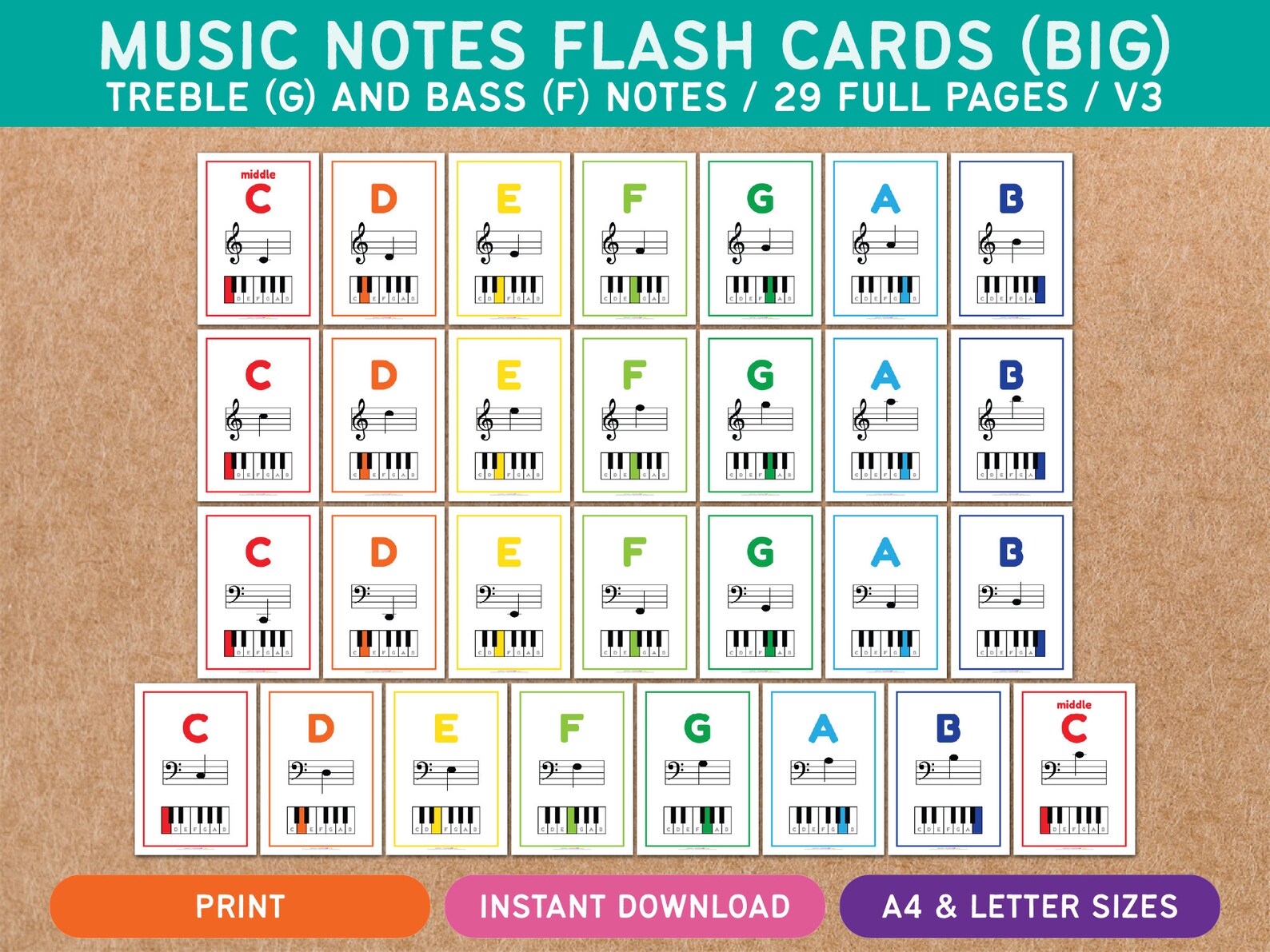 Big Music Notes Flash Cards - Treble G and Bass F Clef - Music Theory ...