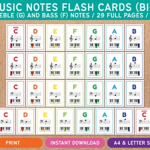 Big Music Notes Flash Cards - Treble G and Bass F Clef - Music Theory ...