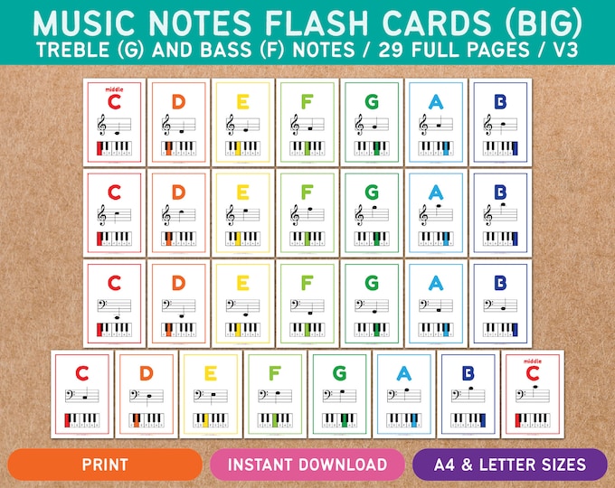 Big Music Notes Flash Cards - Treble G and Bass F Clef - Music Theory ...