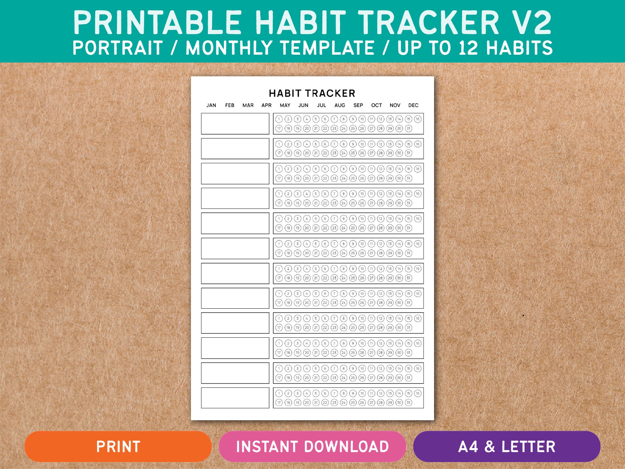 Habit Tracker V2 Printable Portrait Monthly Template - Etsy