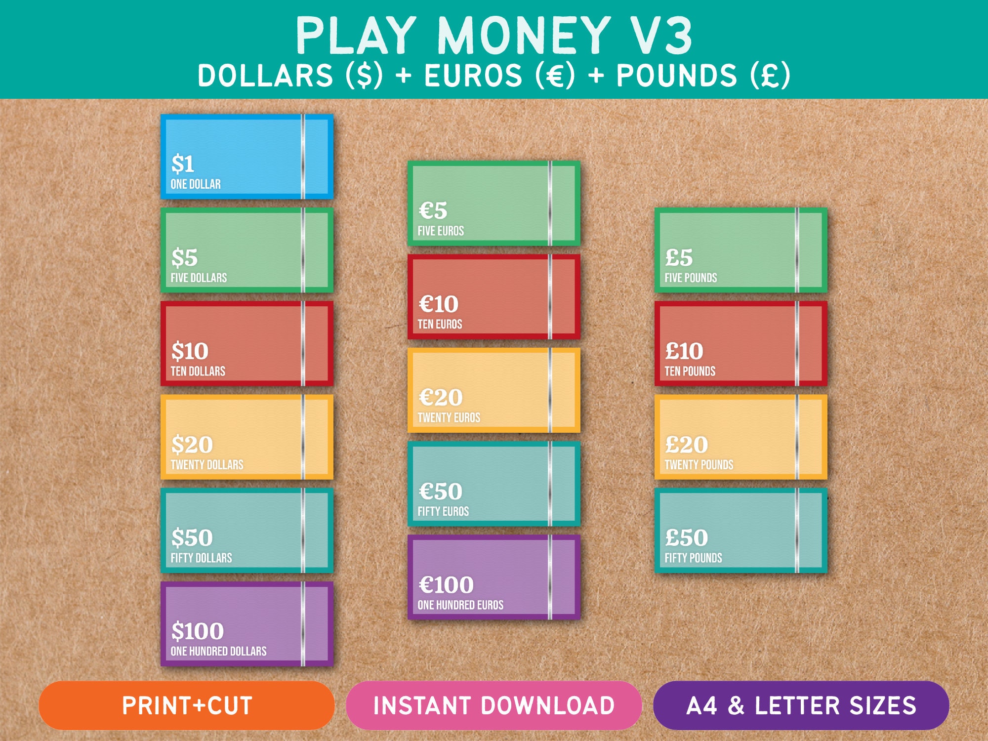 Play Money V3 - Dollars Pounds Euros - Printable - Cash Paper Bills ...