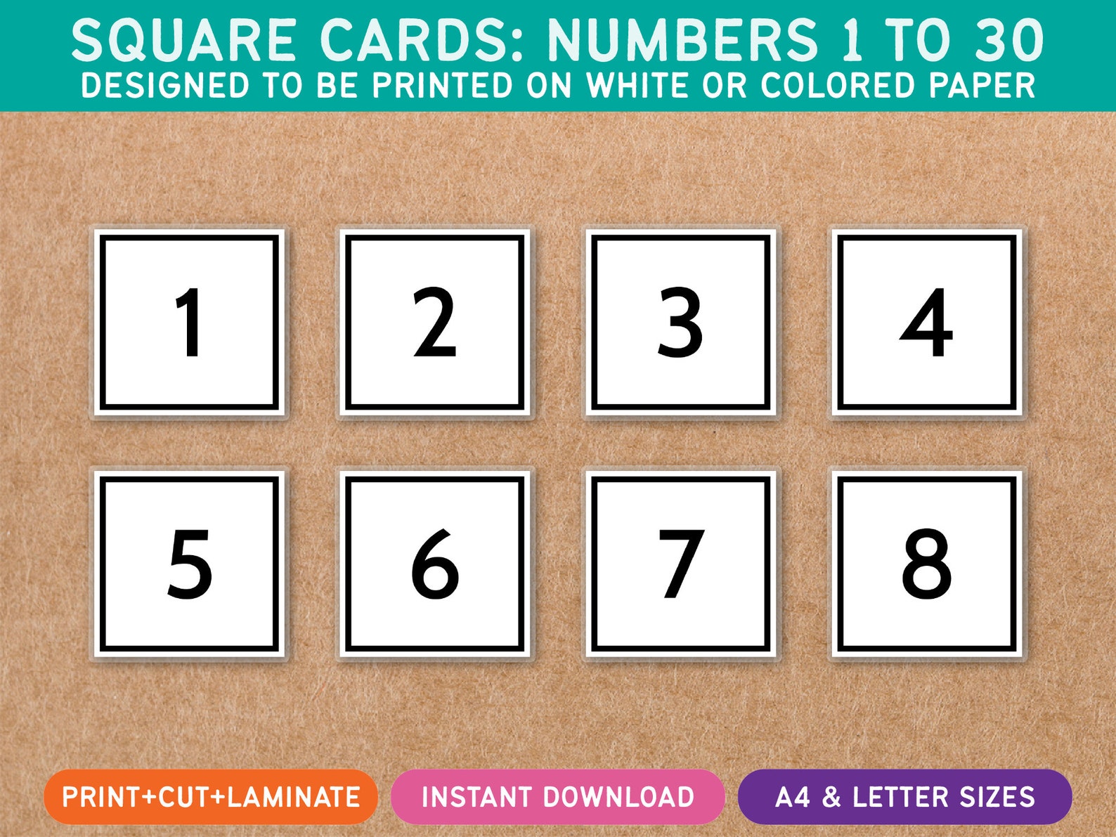 Square Cards - Numbers 1 to 30 - Printable - Flash Cards - Counting ...