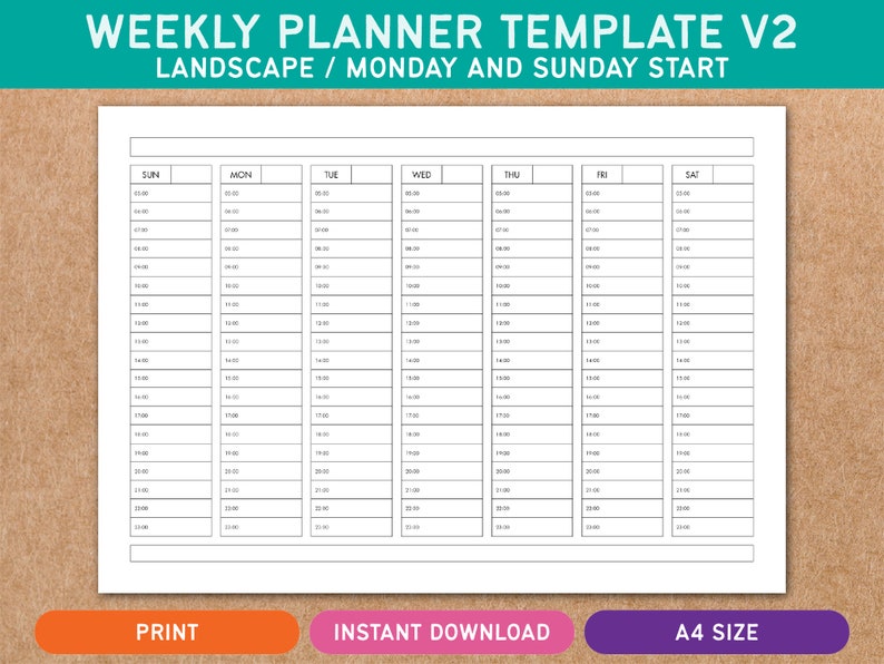 Printable Weekly Planner Template V2 Calendar Landscape Productivity Tool Planning Scheduling ...