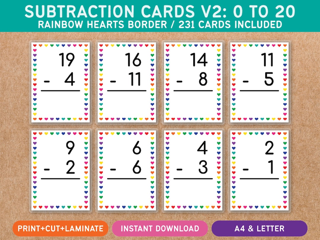 Subtraction Cards V2 - Numbers 0 to 20 - Rainbow Hearts - Printable ...