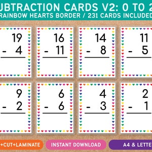 Subtraction Cards V2 - Numbers 0 to 20 - Rainbow Hearts - Printable ...
