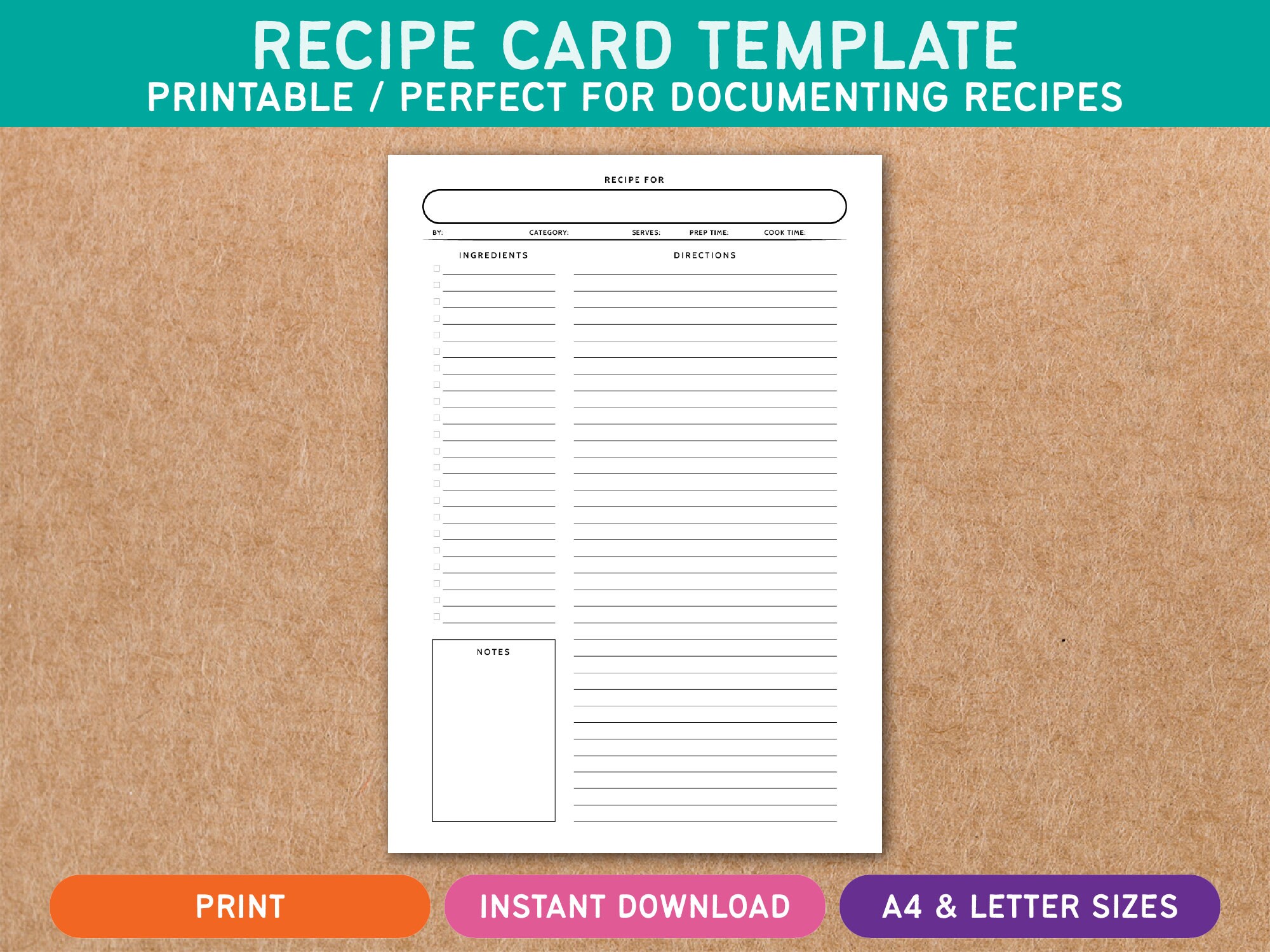 Recipe Card Template Printable Cook Book Meal Food Preparation ...