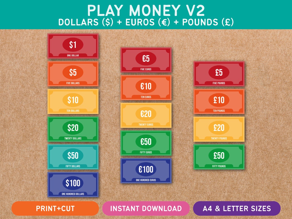 Play Money V2 - Dollars Pounds Euros - Printable - Cash Paper Bills ...