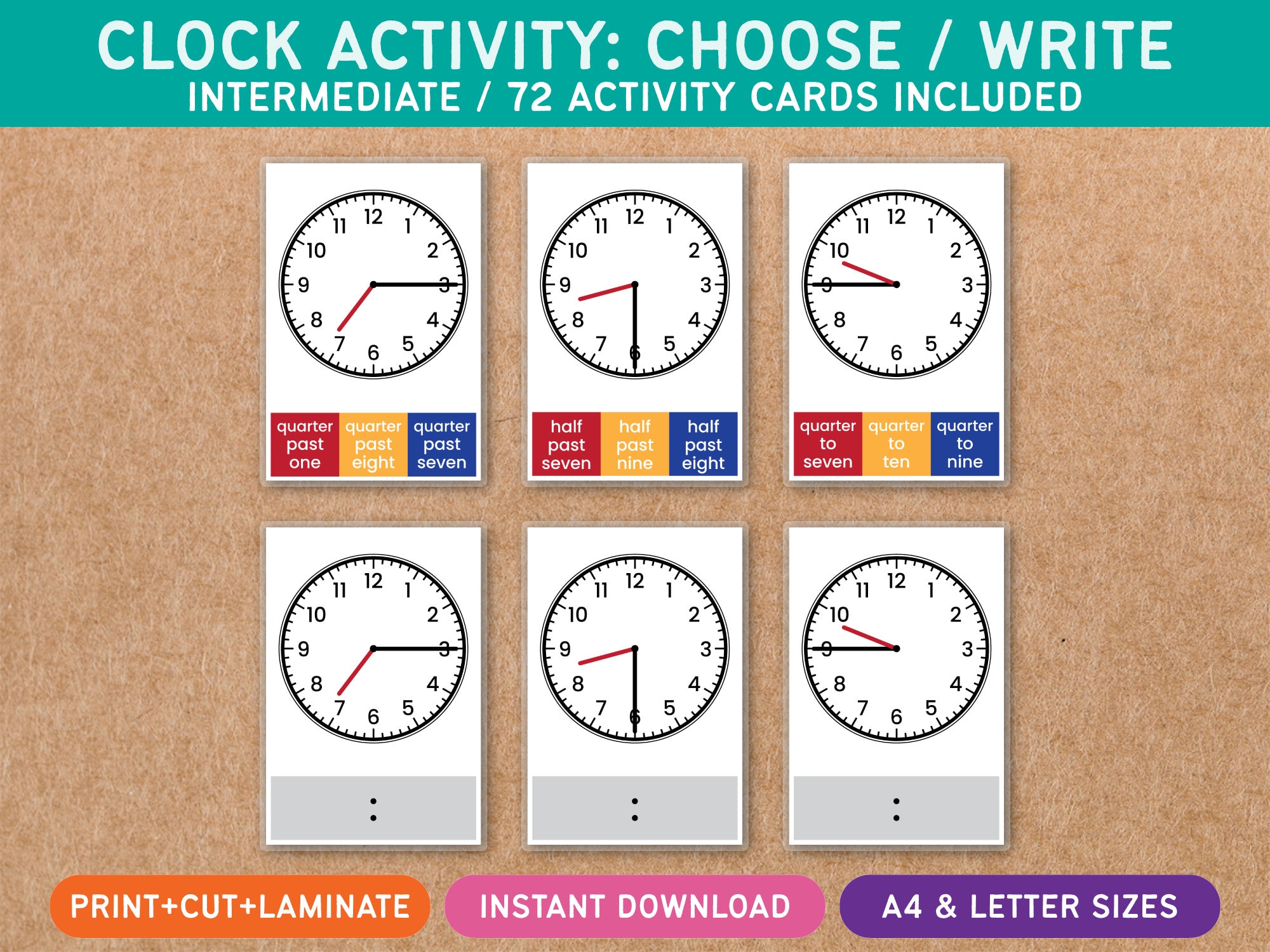 Clock Activity Cards Intermediate Clip Cards Write Time - Etsy