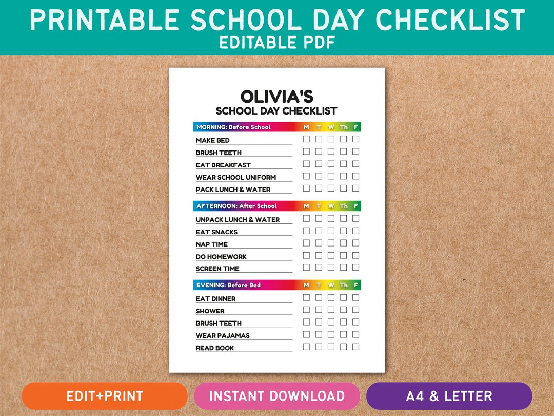 Printable School Day Checklist Editable PDF Daily Weekly Routine Habit ...