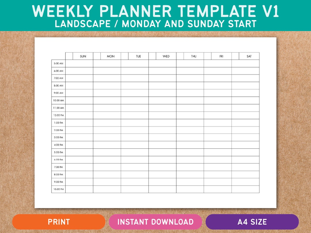 Printable Weekly Planner Template V1 - Calendar - Landscape ...