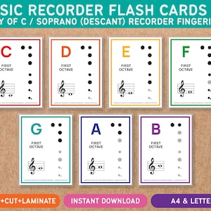 Basic Soprano Recorder Fingering Flash Cards V2 Printable Key of C ...