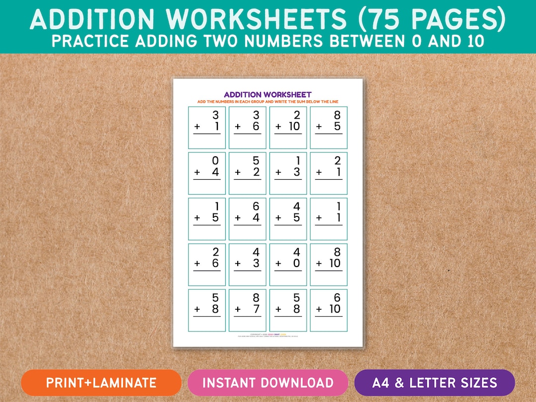 Addition Worksheets - Adding Two Numbers Between 0 and 10 - Printable ...