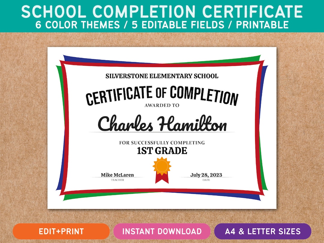 School Certificate of Completion - Editable Template - US UK ...