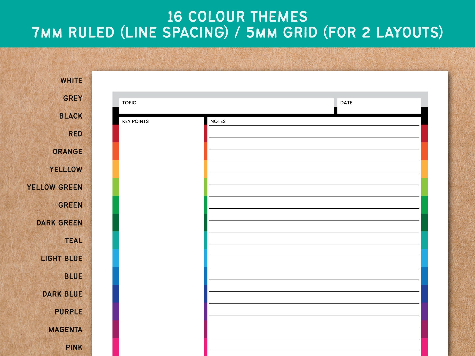 Cornell Notes - Template Printable Digital - 8 Layouts - 16 Colour ...