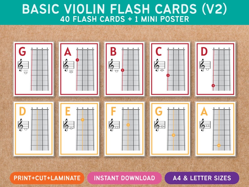 Basic Violin Flash Cards V2 - First Position - Treble G Clef - Music ...