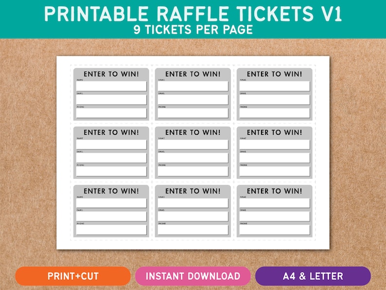 Printable Raffle Tickets V1 - Name Email Phone - DIY - Print & Cut ...