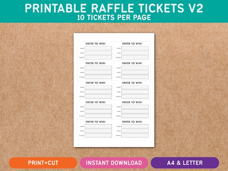 Printable Raffle Tickets V2 - Name Email Phone - DIY - Print & Cut ...