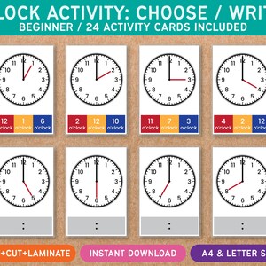 Clock Activity Cards - Beginner- Clip & Write the Time - Task Boxes ...