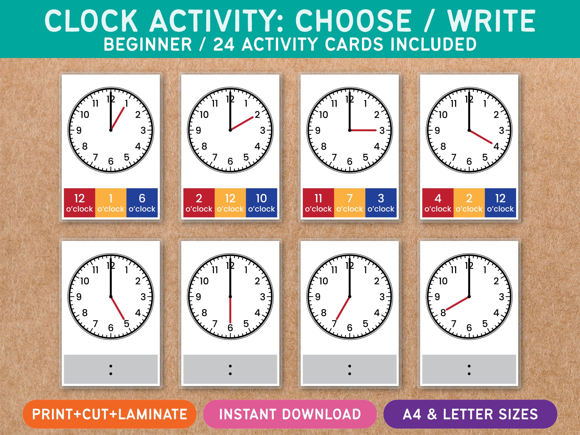 Clock Activity Cards - Beginner- Clip & Write the Time - Task Boxes ...